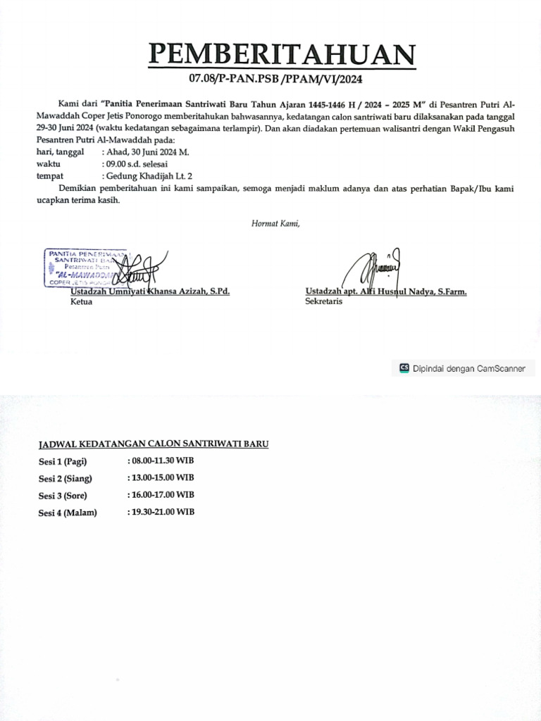 Pemberitahuan Kedatangan Calon Santriwati Baru | PDF