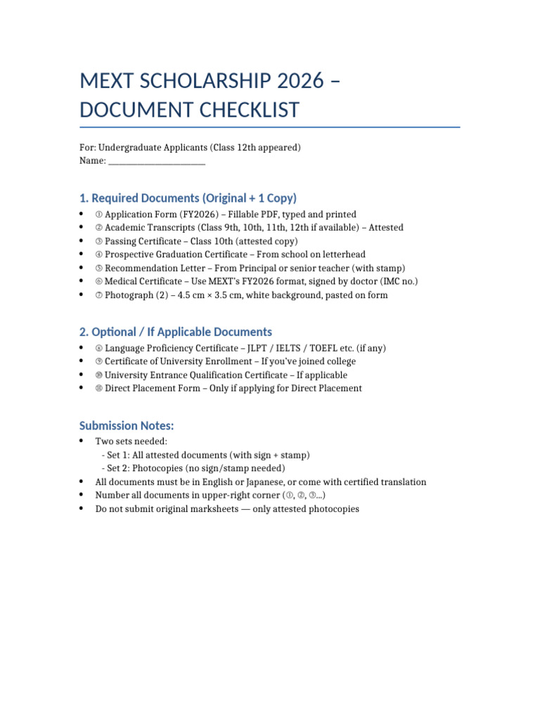 MEXT 2026 Document Checklist | PDF
