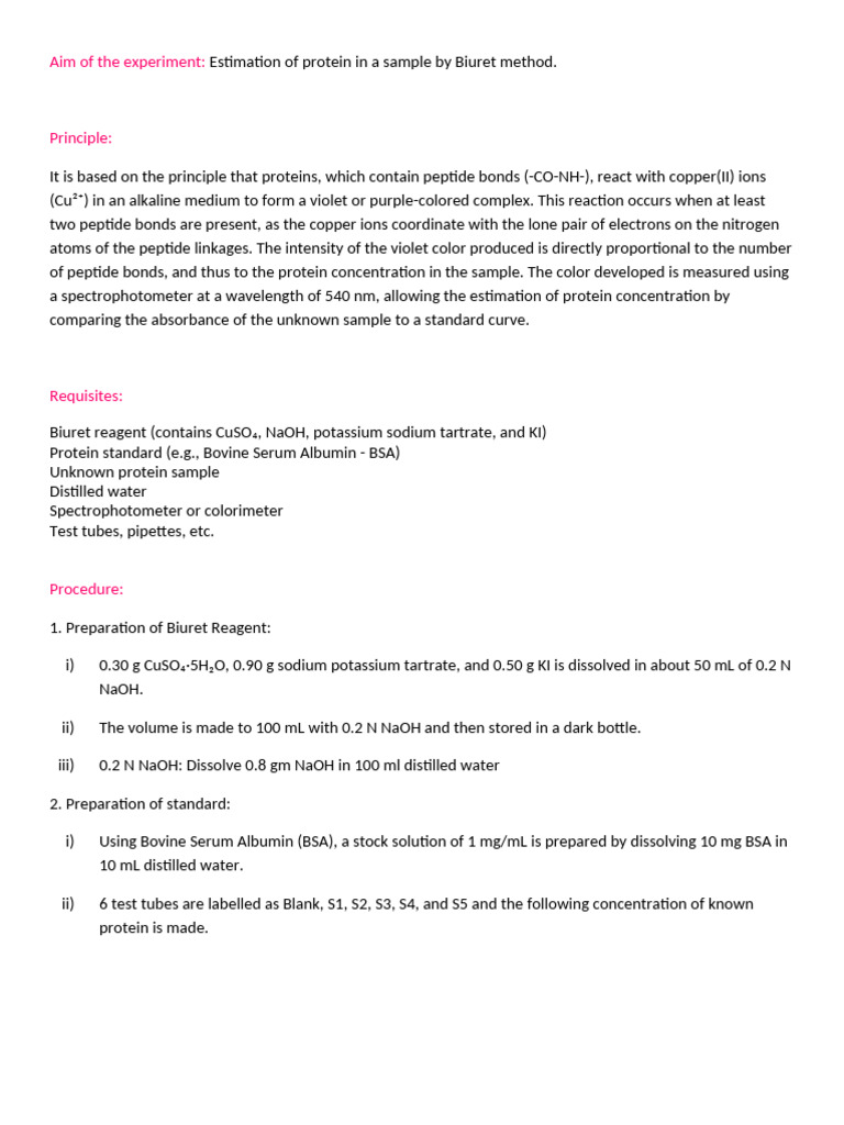Practical - Estimation of Protein by Biuret Method | PDF | Physical Chemistry | Chemistry