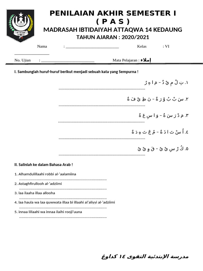 Soal PAS Imla Kelas 6 Smt. I | PDF