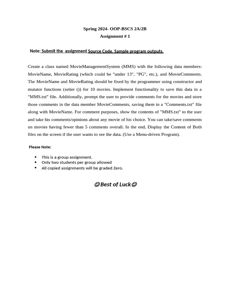 Spring2024 OOP BSCS Assignment 1 | PDF