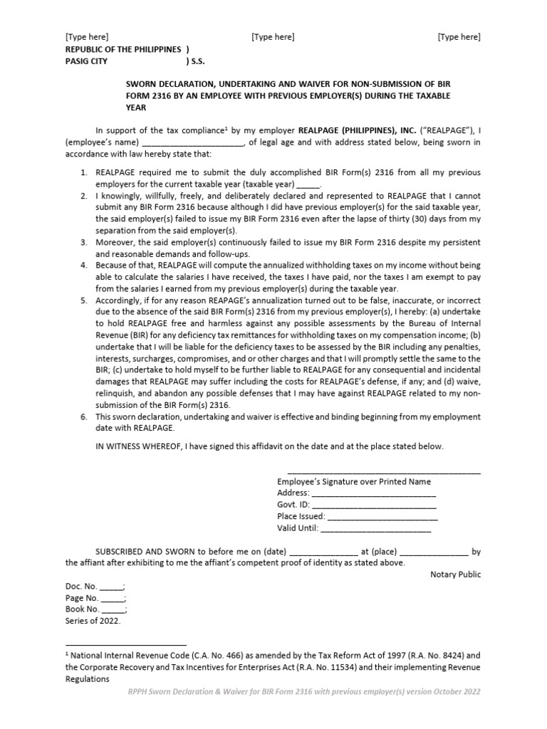 PHI - BIR 2316-Waiver-W - Previous Employer | PDF | Affidavit | Employment