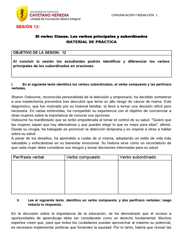 MATERIAL DE PR CTICA - Los Verbos Principales y Subordinados 2025-1 ...