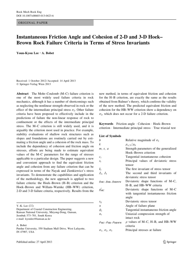 2013 Lee and Bobet - Instantaneous Friction Angle and Cohesion of 2-d ...