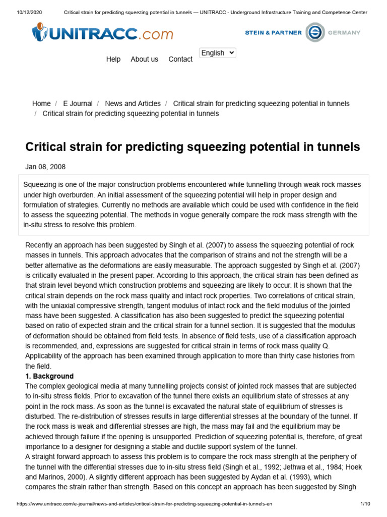 Critical strain for predicting squeezing potential in tunnels — UNITRACC - Underground ...