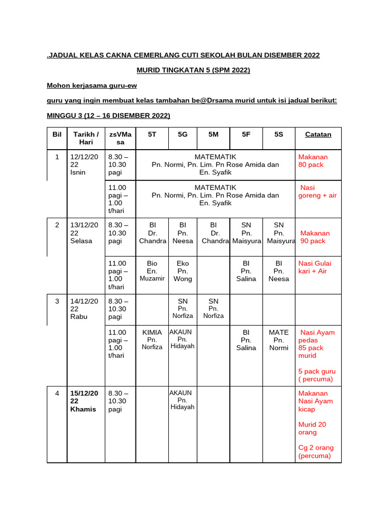 Jadual Kelas Tambahan Cuti Sekolah Bulan Disember 2022 | PDF