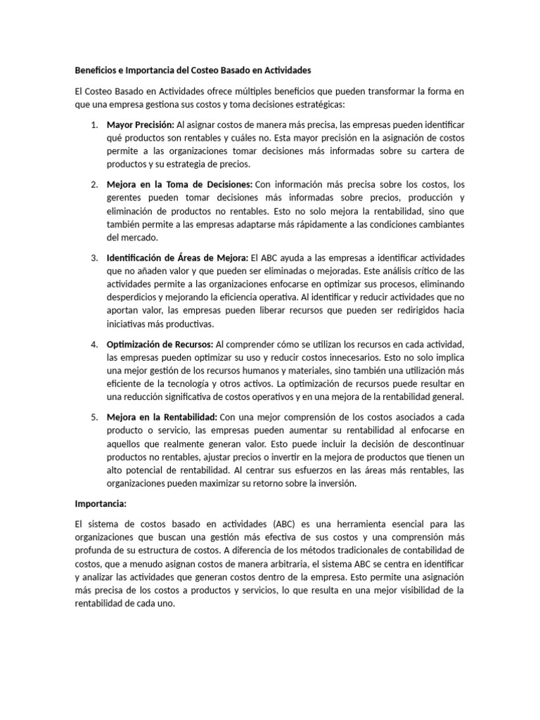 Beneficios e Importancia Del Costeo Basado en Actividades Edimar | PDF | Calidad (comercial ...