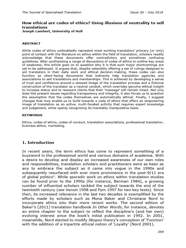 How Ethical Are Codes of Ethics Using Illusions of Neutrality To Sell Translations | PDF ...