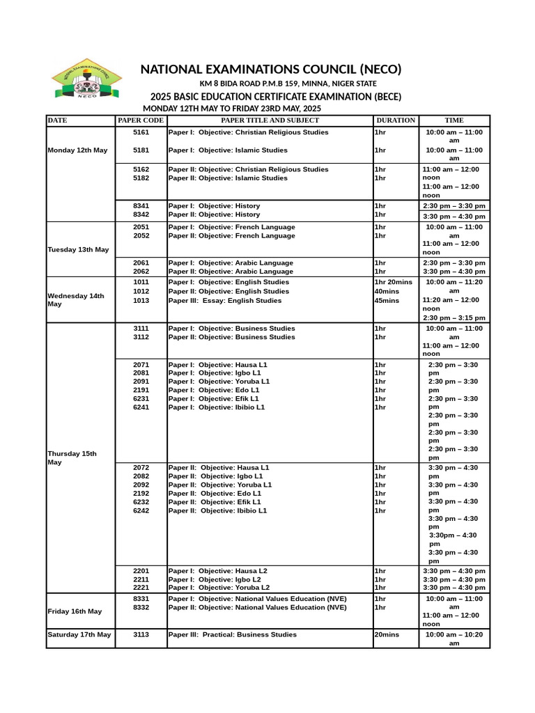 2025 BECE Timetable | PDF