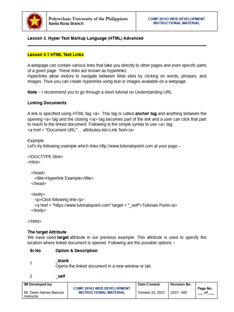Lesson 2.2 Hyper Text Markup Language (HTML) Advanced | PDF | Hyperlink | Html Element