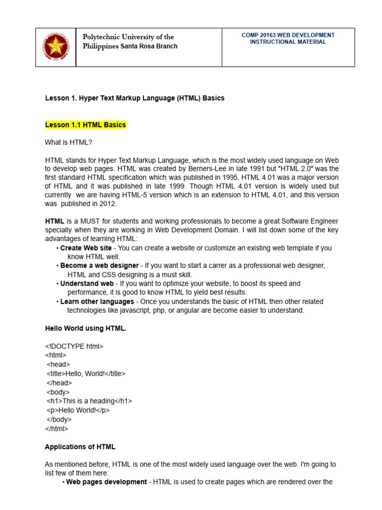 Lesson 2.1 Hyper Text Markup Language (HTML) Basics | PDF | Html | Html Element