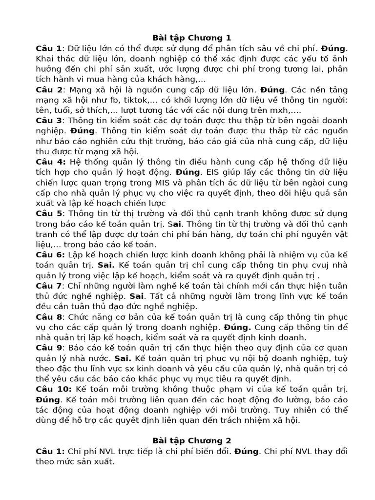 Câu hỏi đúng sai KTQT | PDF