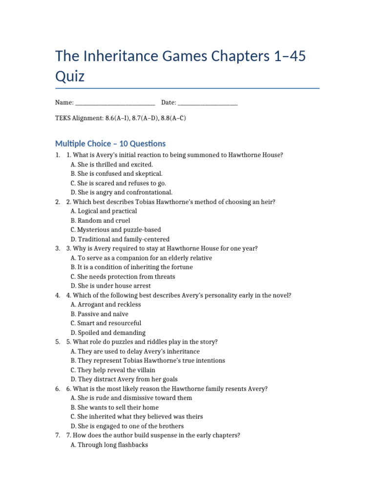Inheritance Games Quiz: Chapters 1-45 | PDF