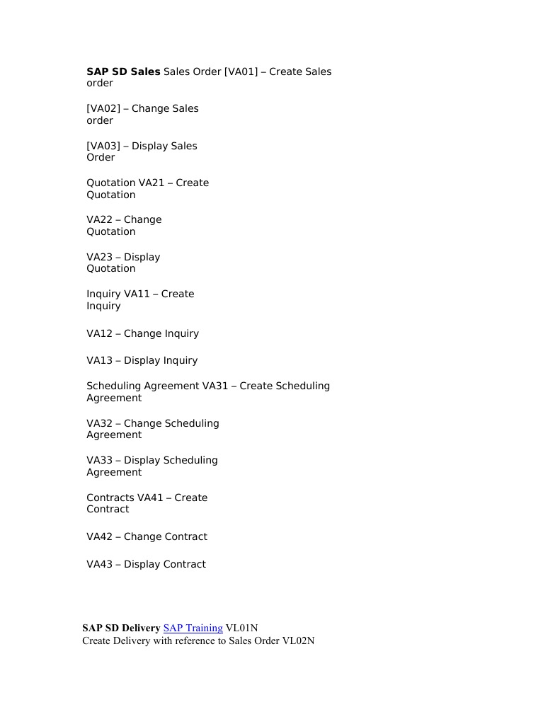 SAP SD Transaction Codes Overview | PDF