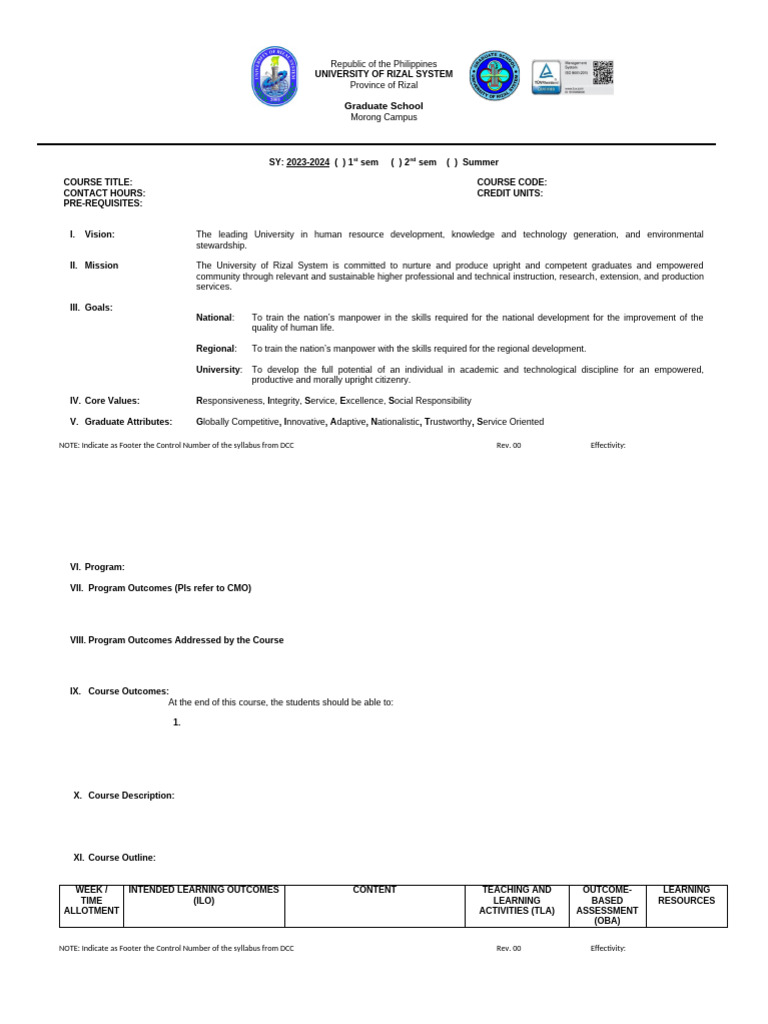 Template Course Syllabus OBE Format | PDF | Learning | Behavior ...
