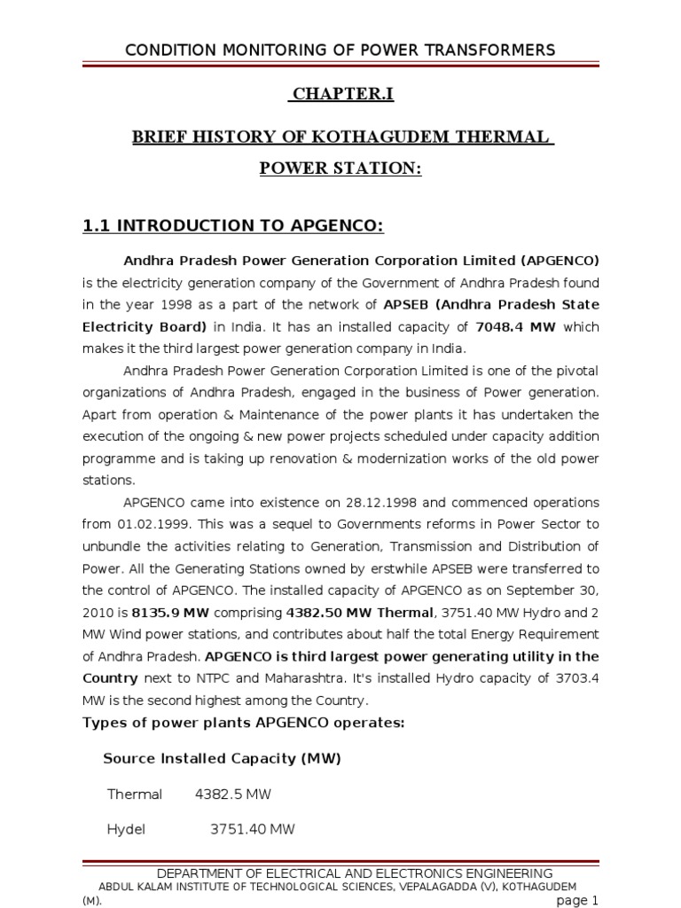 Brief History of Kothagudem Thermal Power Station:: 1.1 Introduction To ...