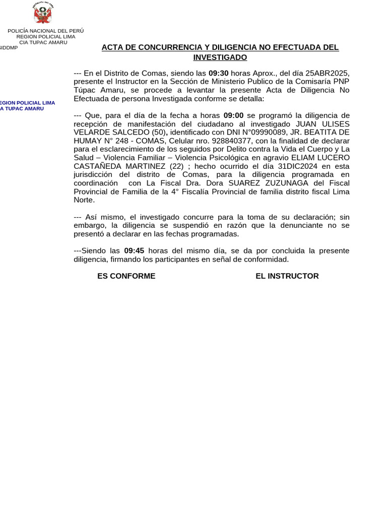 Acta de Diligencia No Efectuada | PDF | Fiscal | Lima
