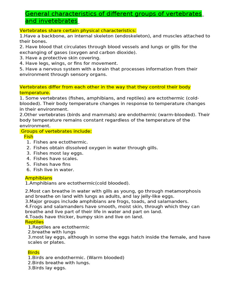 Vertebrates and Invertebrates Groups Characteristics | PDF | Amphibian ...