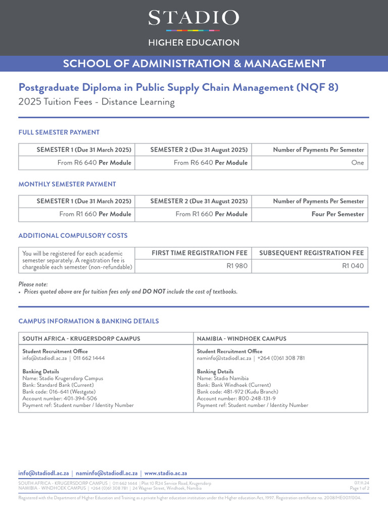 STADIO SOAAM DL Postgraduate Fees 2025 PGDip in Supply Chain Management ...