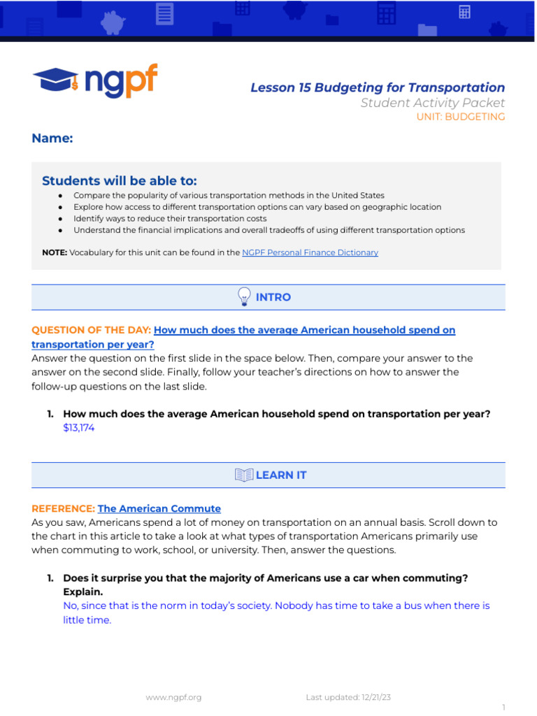 Lesson 15 - Student Activity Packet | PDF | Transport | Bus