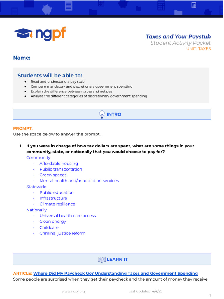 Taxes and Your Paystub Student Activity Packet | PDF | Paycheck | Taxes