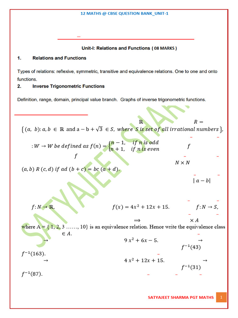 12 Maths@cbse Ques Bank - Unit 1 | PDF | Function (Mathematics) | Algebra