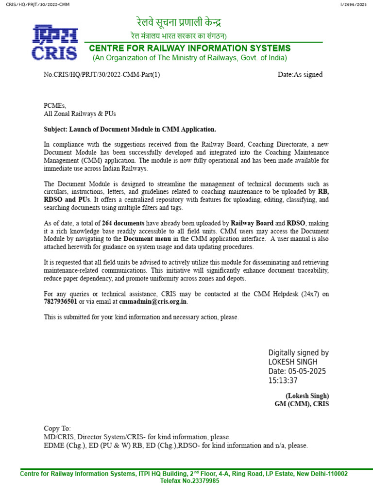 CRIS LTR To PCMEs Regarding Doc Managment Module DTD 05052025 | PDF | Information Science | Software