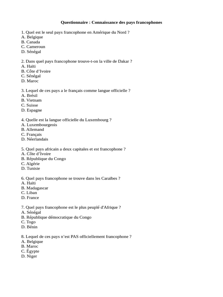 Questionnaire sur les pays francophones | PDF