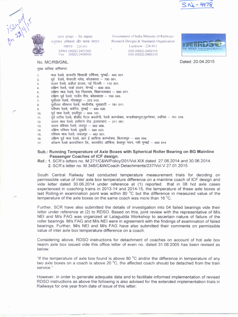 Letter To ZRs 20 - 04 - 2015 Running Temp. of Axle Boxes With SRB I | PDF