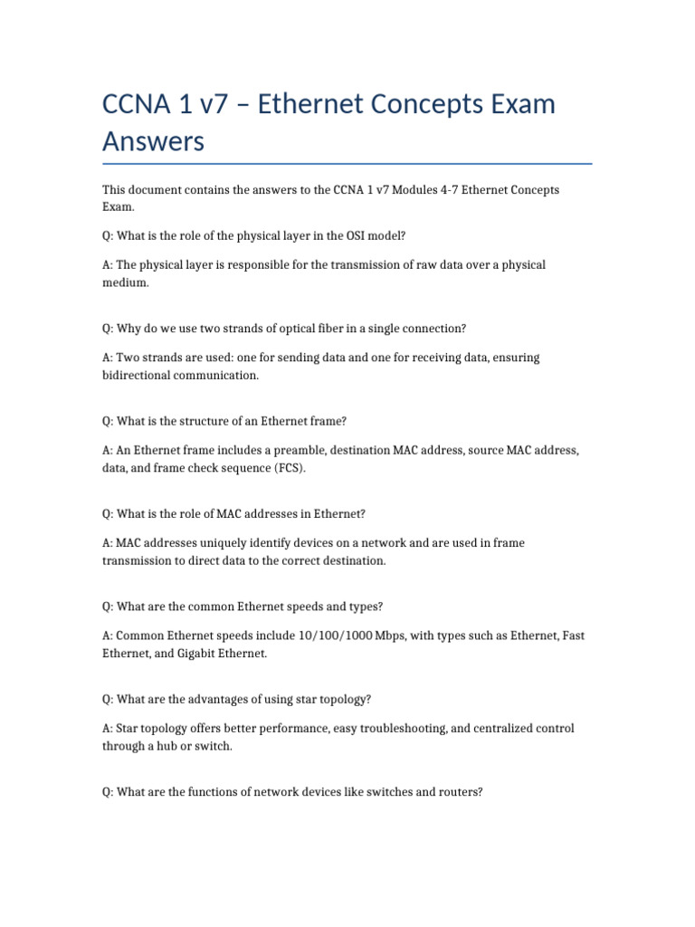 CCNA 1 v7 Ethernet Concepts Answers | PDF
