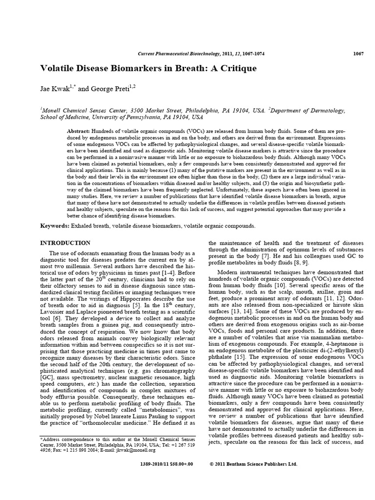Volatile Disease Biomarkers in Breath A | PDF | Metabolomics | Volatile ...