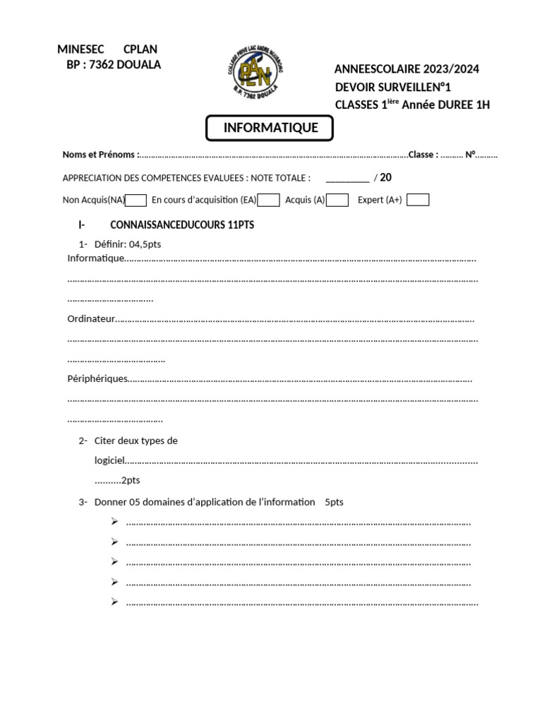 Trim1 DS1 1ière Année Cplan | PDF