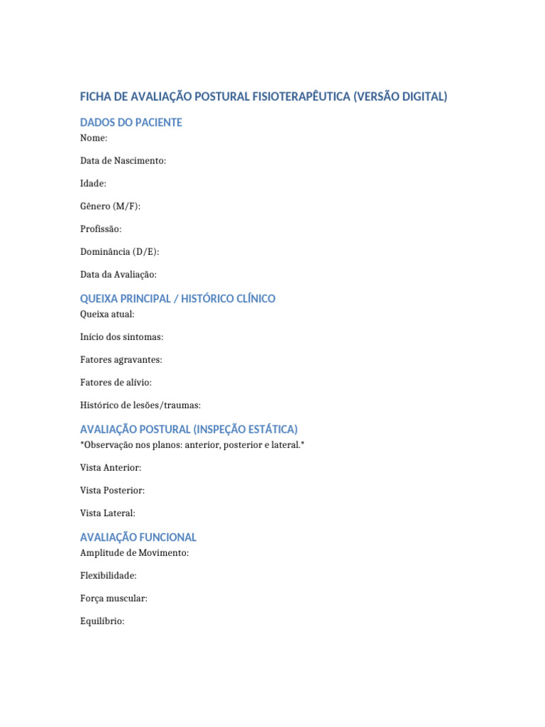 Ficha de Avaliação Postural Fisioterapêutica | PDF