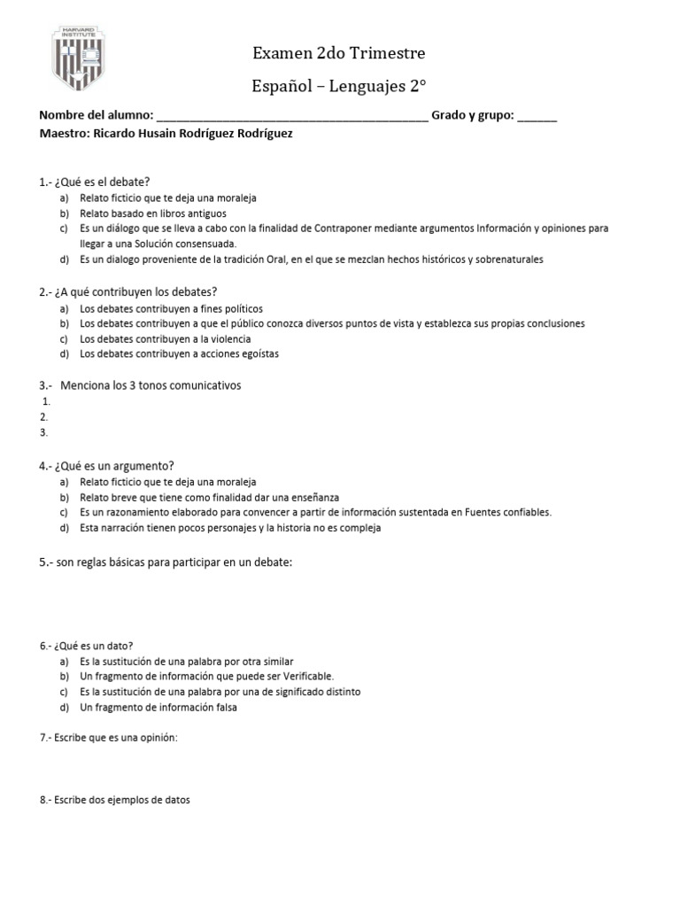 Examen de Lenguaje 2° Trimestre | PDF
