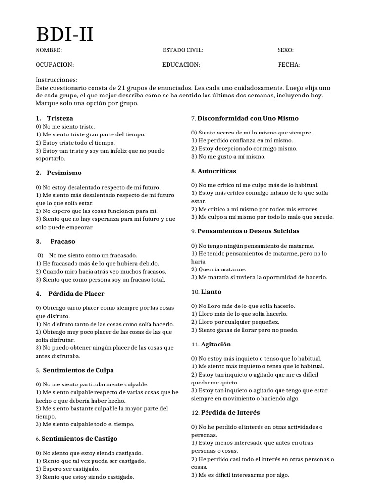 BDI II Cuestionario | PDF