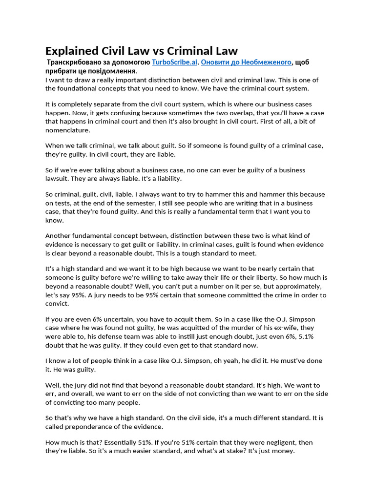 Explained Civil Law Vs Criminal Law | PDF | Reasonable Doubt | Acquittal