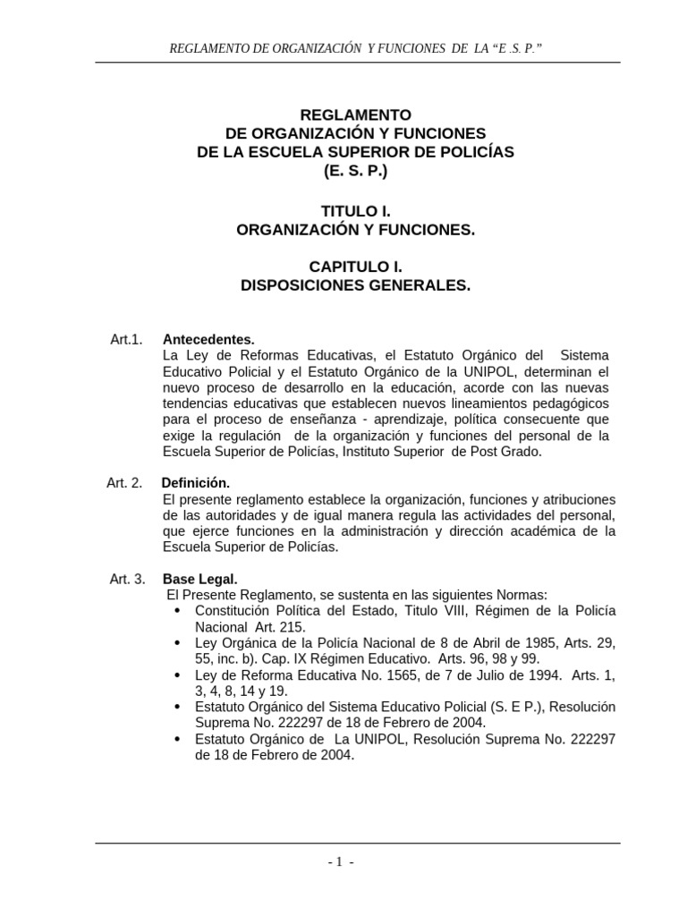 REGLAMENTO DE ORGANIZACION Y FUNCIONES DE LA ESCUELA SUPERIOR DE POLICIAS | PDF | Plan de ...