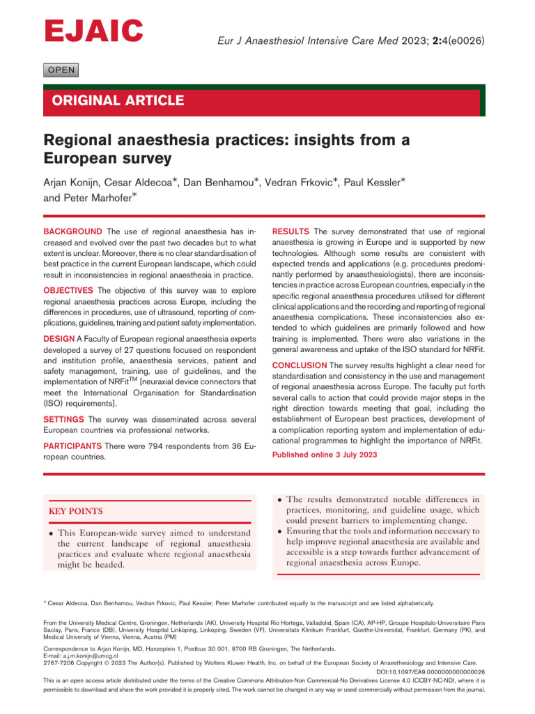 European Survey on Regional Anaesthesia | PDF | Anesthesia | Sample ...