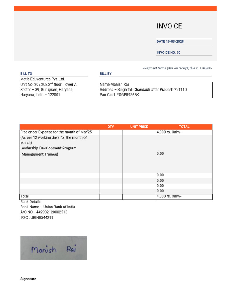 Manish Rai Mar Invoice | PDF