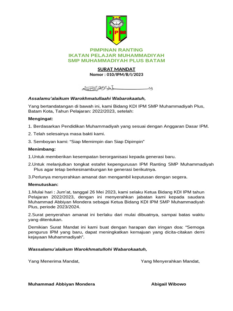 Surat Mandat IPM SMP Muhammadiyah Plus | PDF