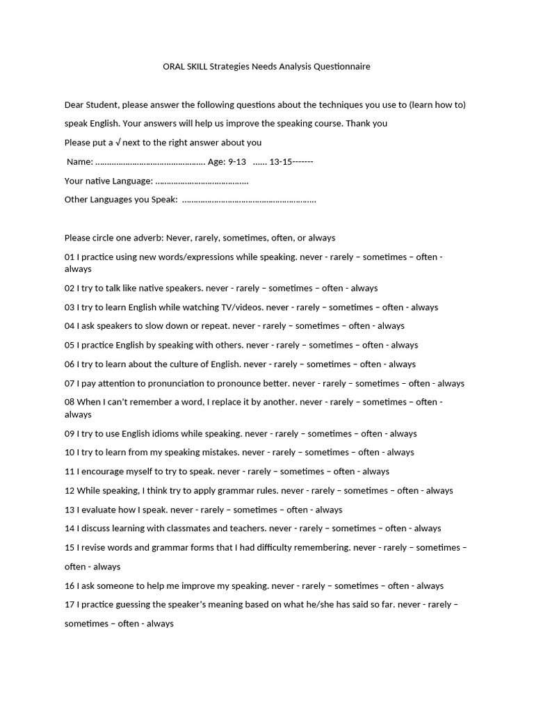 ORAL SKILL Strategies Needs Analysis Questionnaire | PDF | English ...