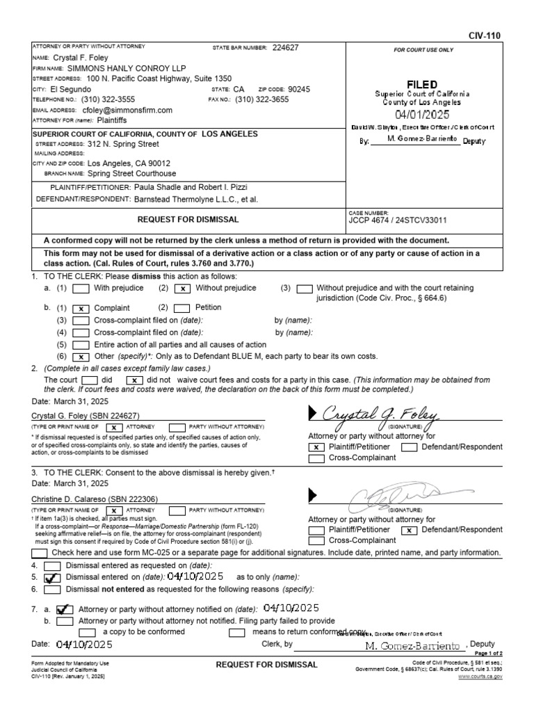 Request for Dismissal Form CIV-110 | PDF | Legal Procedure | Judiciaries