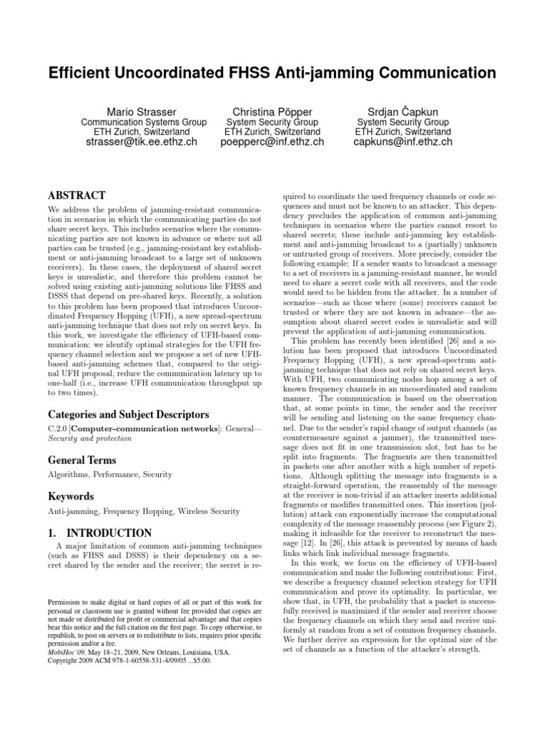 Optimizing Uncoordinated FHSS for Anti-Jamming | PDF | Cryptography ...