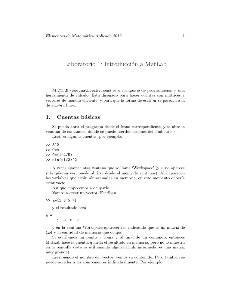 Laboratorio 1: Introducci On A Matlab: 1. Cuentas B Asicas | PDF | Matriz (Matemáticas) | Vector ...