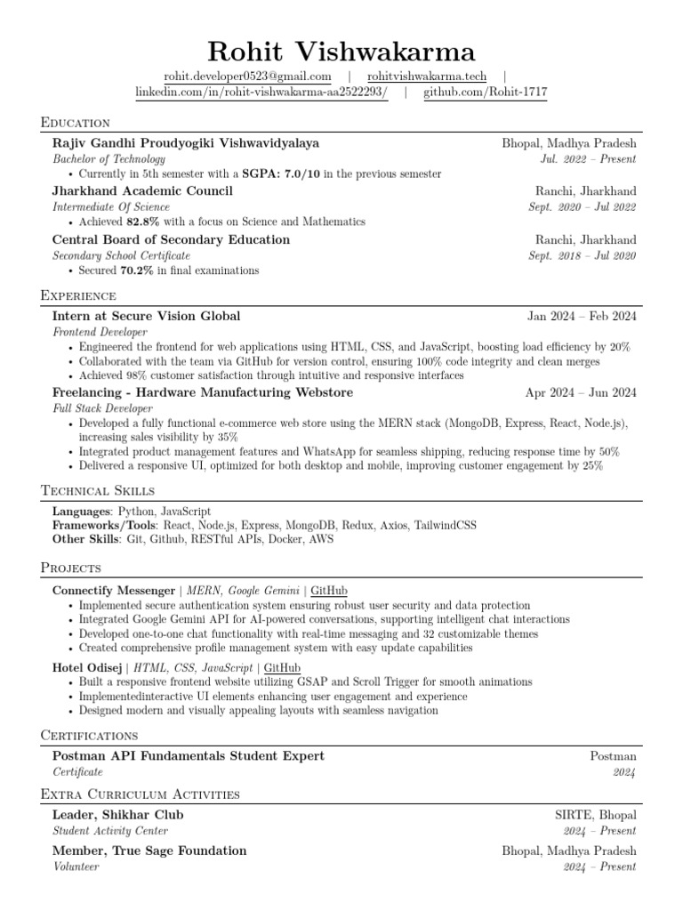 Rohit Vishwakarma Resume Review | PDF | Java Script | Computing