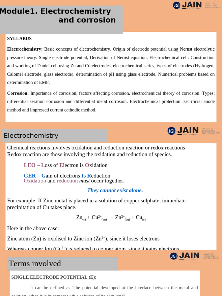Module 1 Electrochemistry | PDF | Electrochemistry | Corrosion