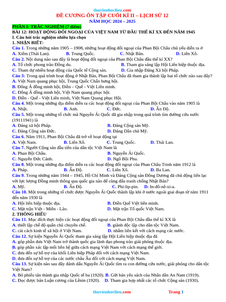 Thuvienhoclieu.com de Cuong on Tap Hk2 Lich Su 12 KNTT 24 25 | PDF