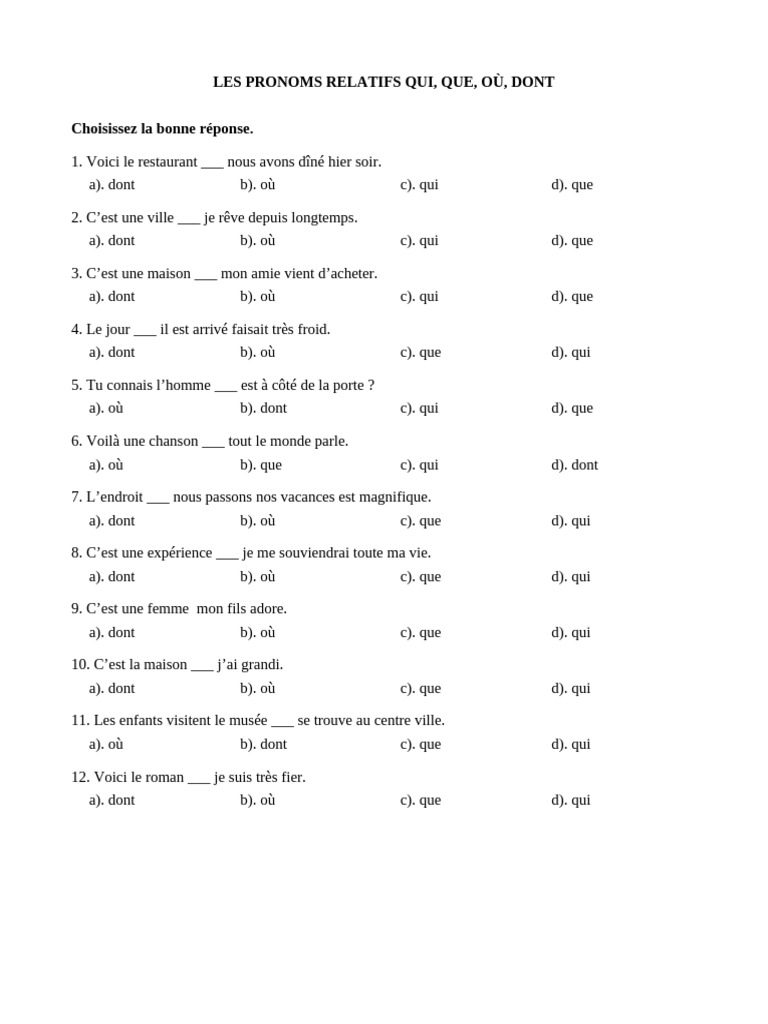 Exercices sur les pronoms relatifs | PDF
