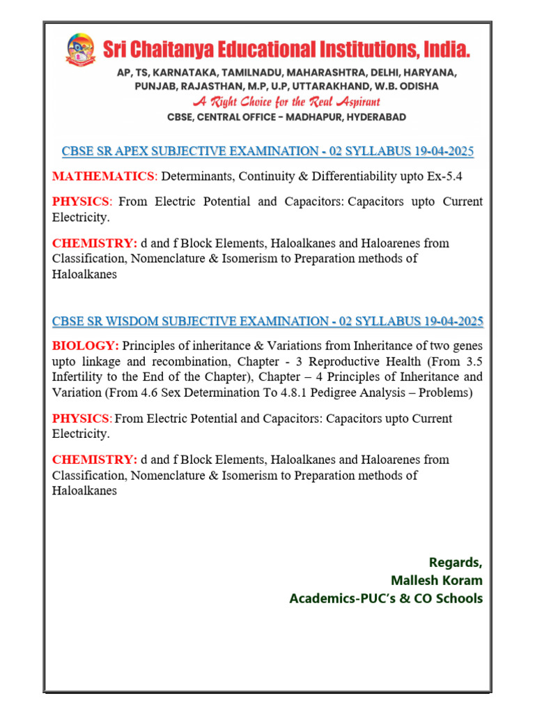 Cbse SR Apex & Wisdom Subjective Examination-02 Syllabus 19-04-2025 | PDF