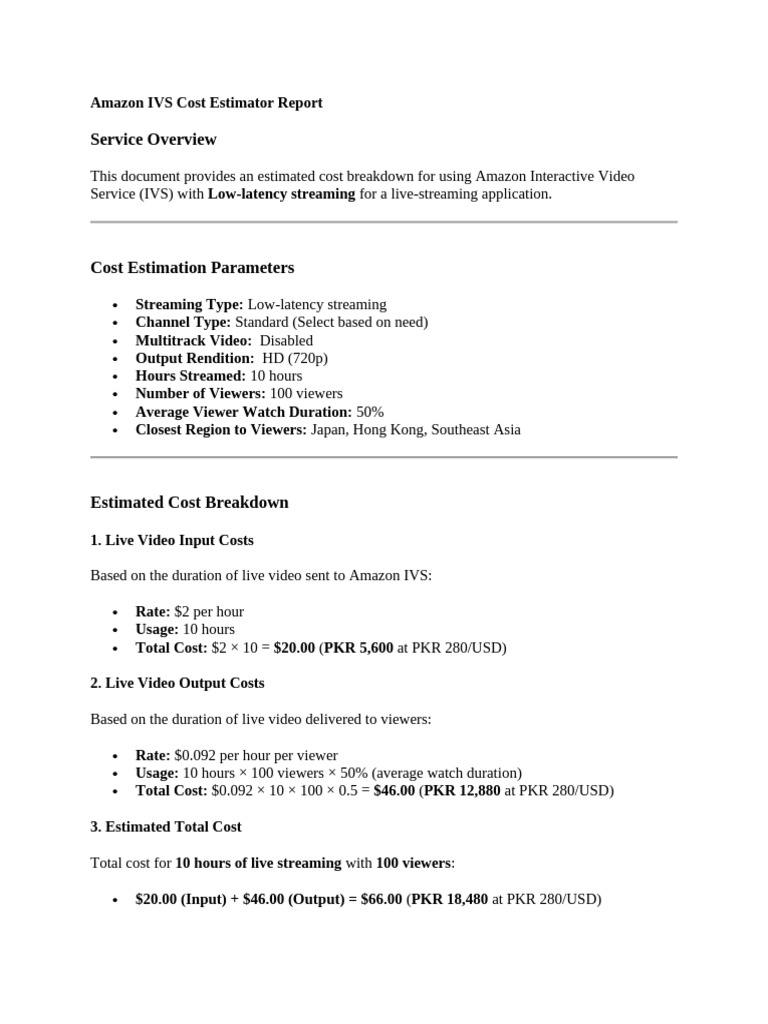Aws Ivs Cost Estimate | PDF